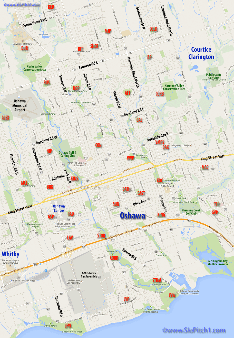 Oshawa - Map of Parks & Diamonds